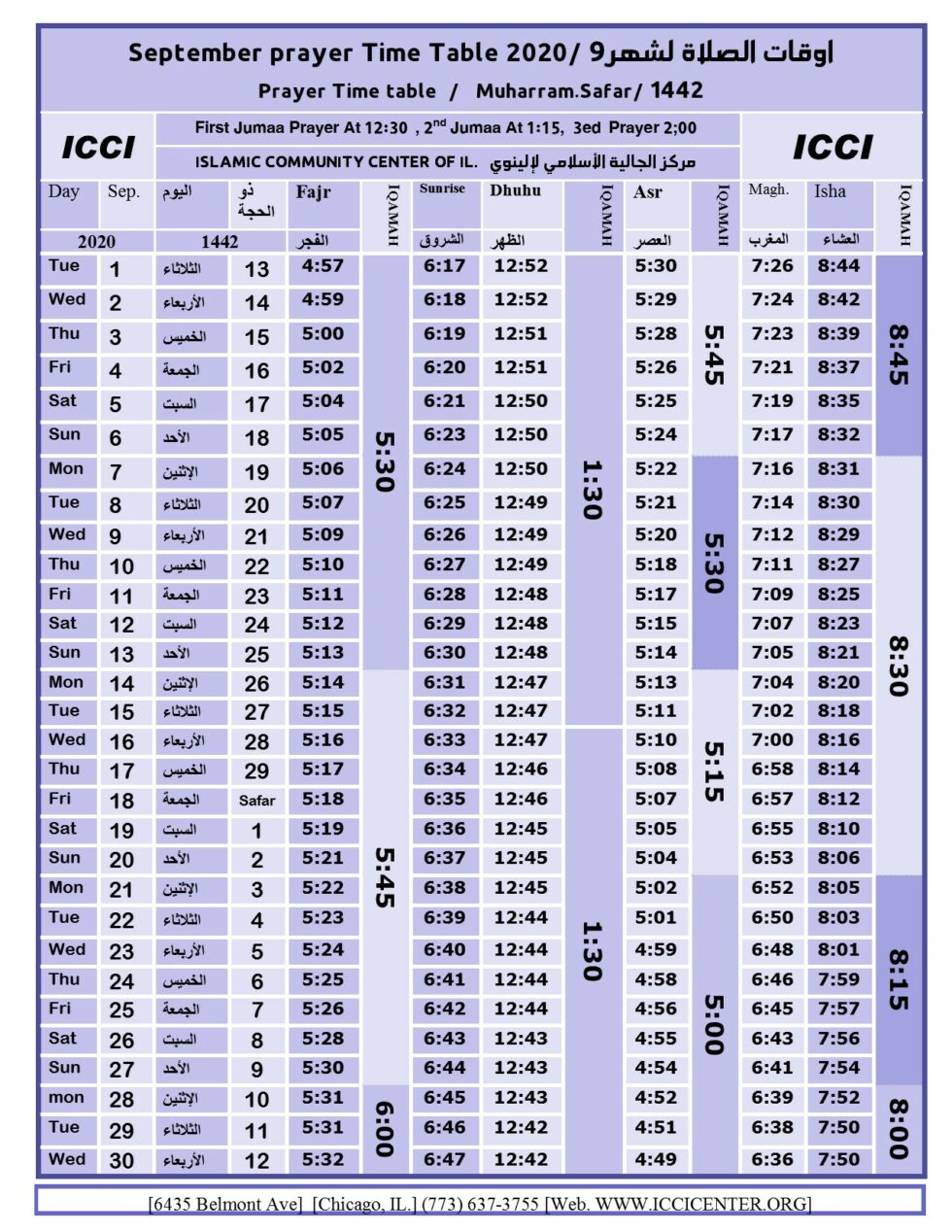 Monthly Prayer Times Sheet | Islamic Community Center of Illinois